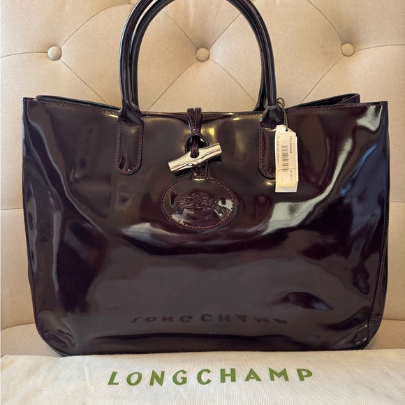 Longchamp | Bags | Longchamp Roseau Patent Leather Tote Bag Burgundy ...